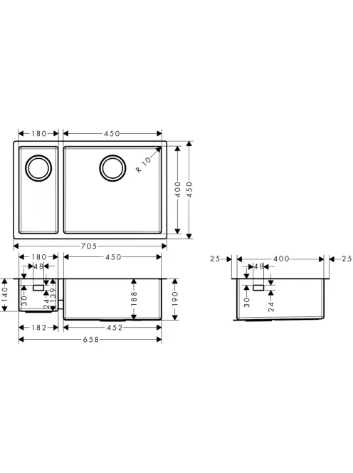 Hansgrohe S71 munkalap alá rögzíthető 2 medencés mosogató, c