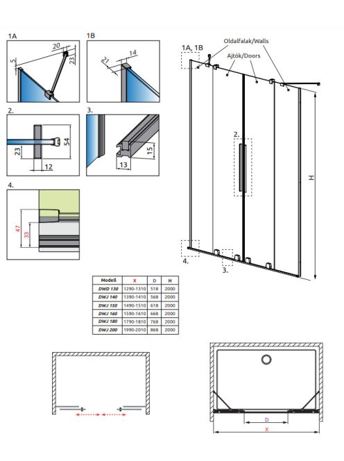 Radaway Furo DWD 130 dupla zuhanyajtó átlátszó üveggel, aran