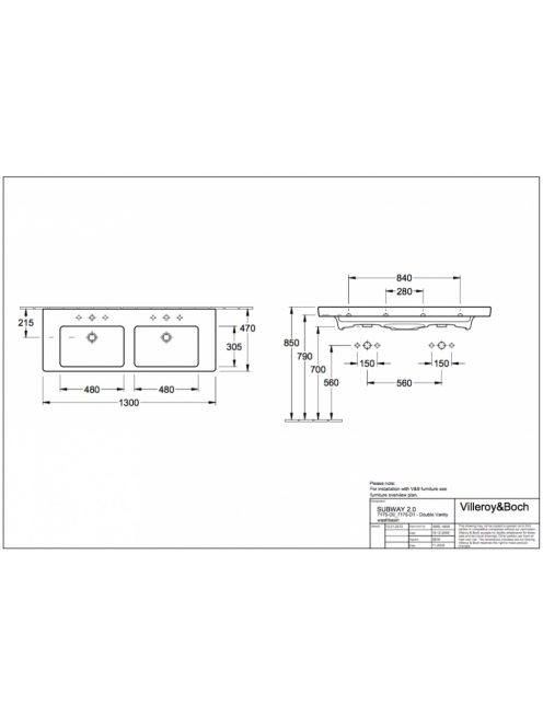 Villeroy & Boch Subway 2.0 Beépíthető duplamosdó 1300 x 470