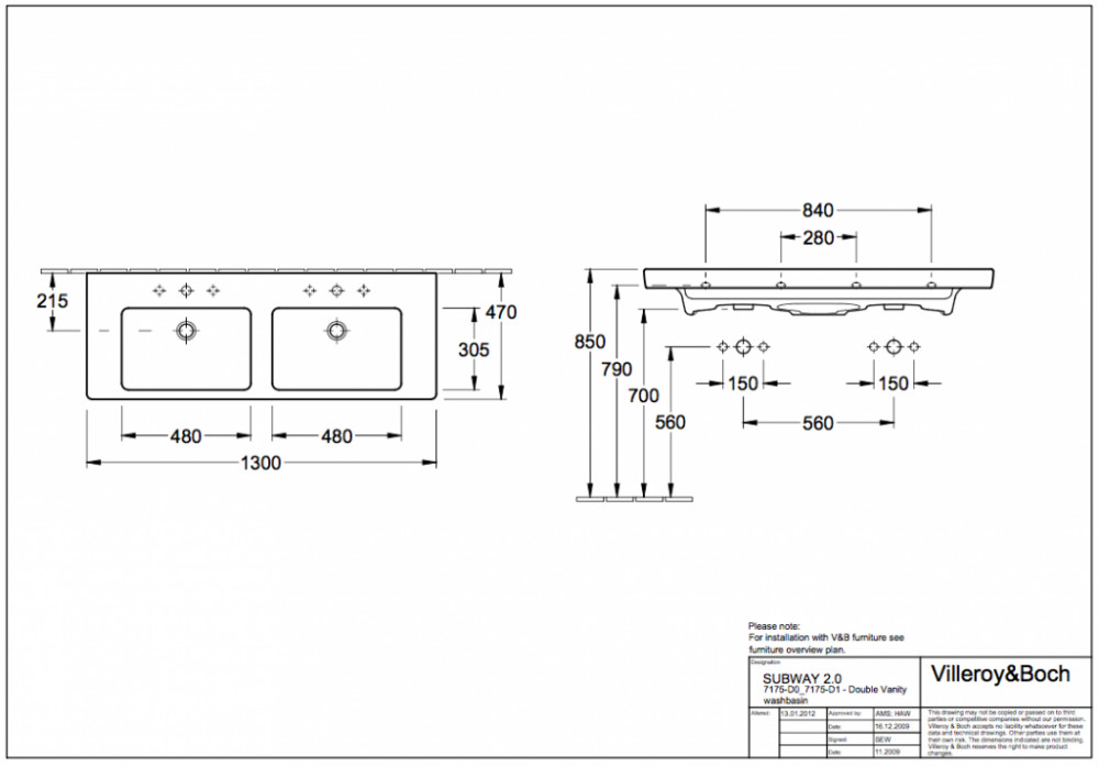 Villeroy & Boch Subway 2.0 Beépíthető duplamosdó 1300 x 470